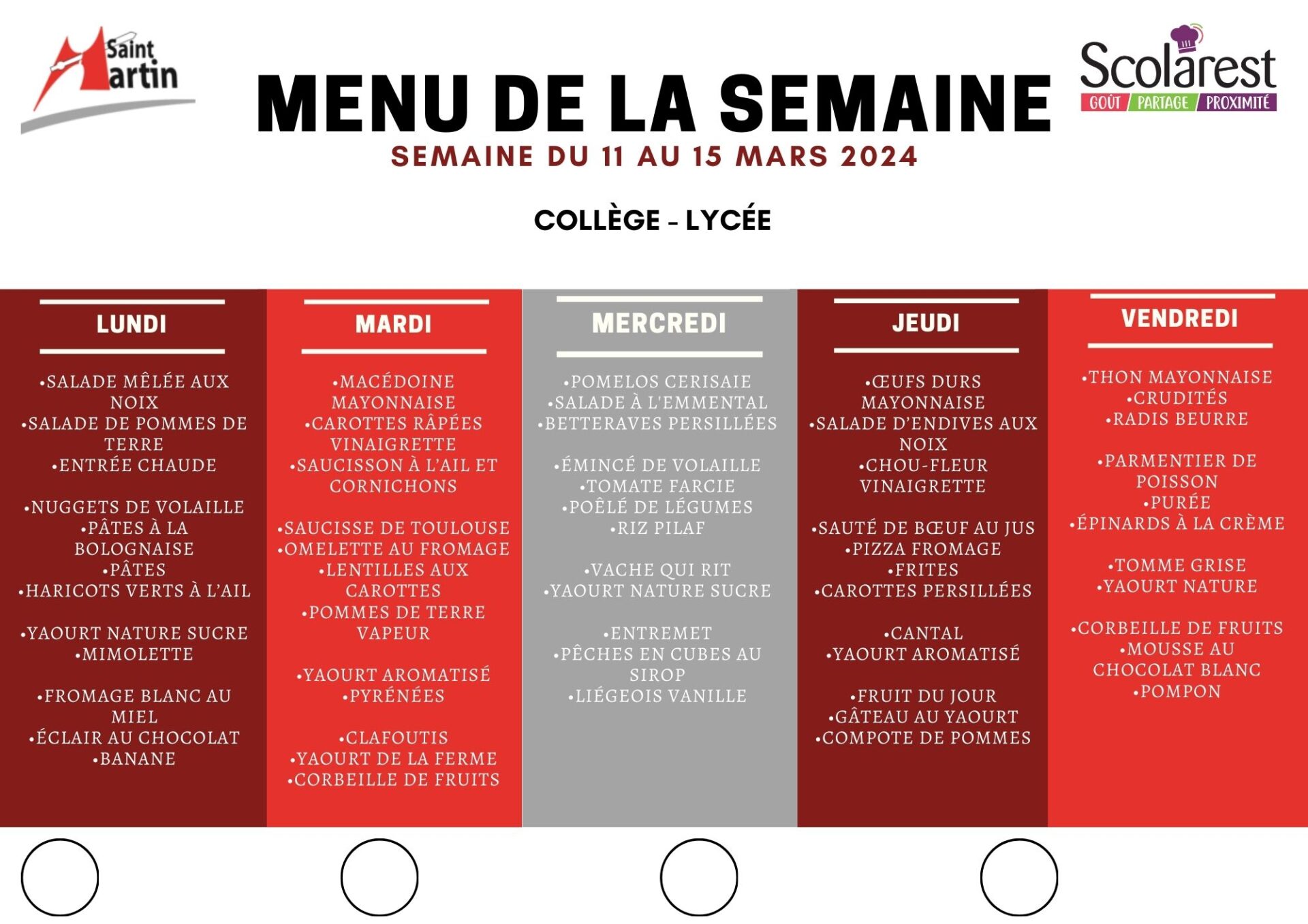 Saint-Martin Amiens - Les menus de la cantine